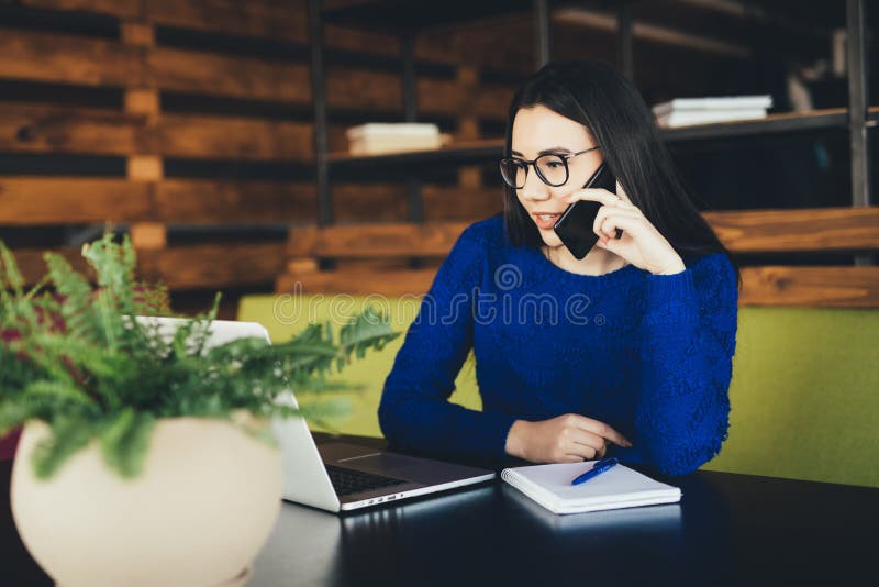 Young Lady Speak on Phone at Work Stock Image - Image of desk ...