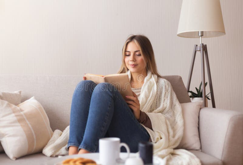 Young Lady Spending Free Time with Book and Coffee Stock Image - Image ...