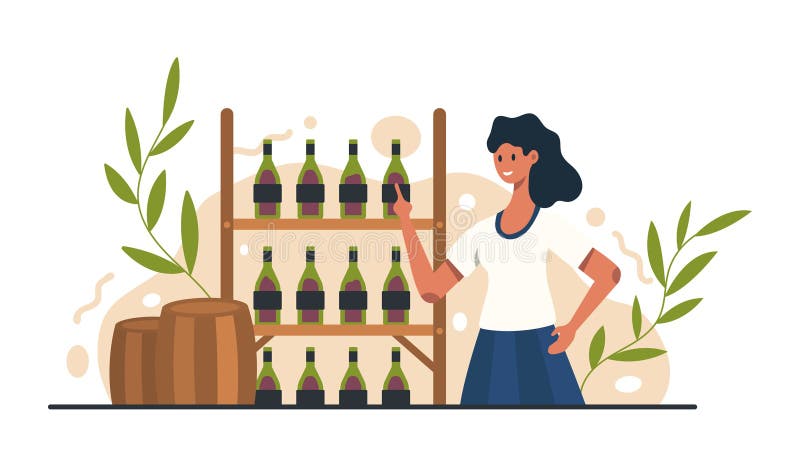 Young Lady Standing Near Rack with Wine and Presenting Product Stock ...