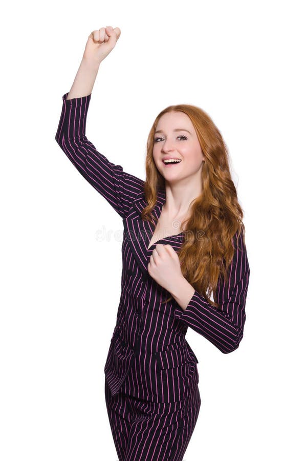 Young Lady in Striped Retro Suit Isolated on White Stock Photo - Image ...