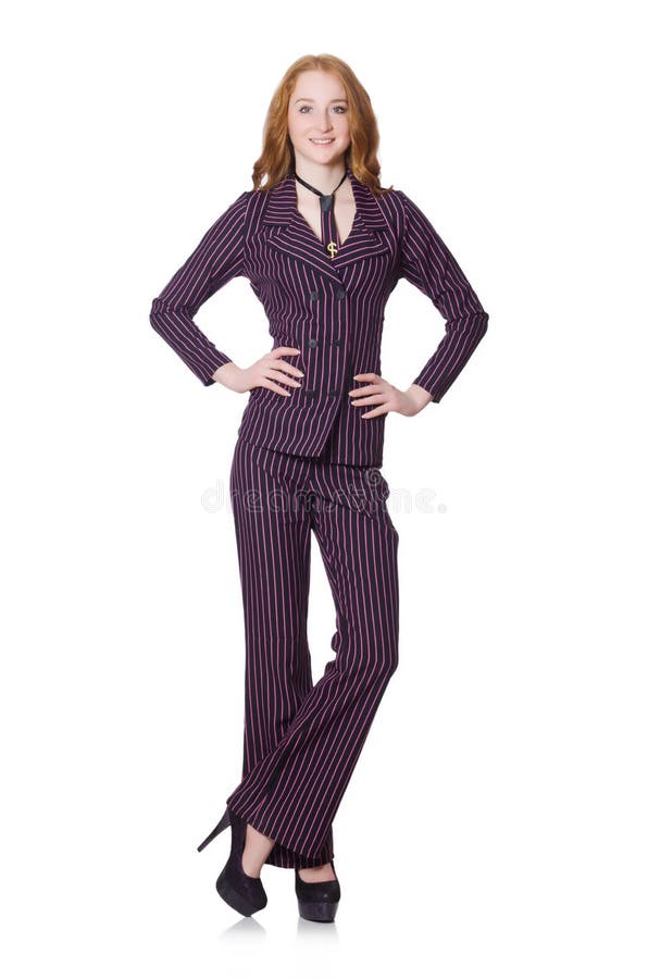 Young Lady in Striped Retro Suit Isolated on White Stock Image - Image ...