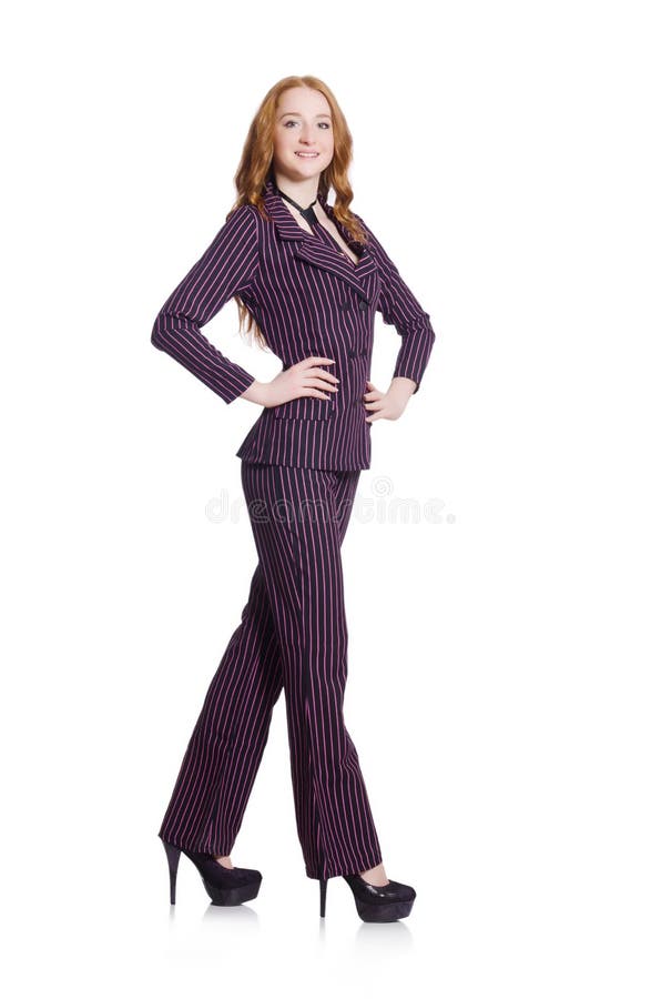 Young Lady in Striped Retro Suit Isolated on White Stock Photo - Image ...