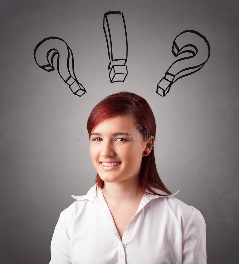 Young Lady Thinking with Question Marks Overhead Stock Photo - Image of ...