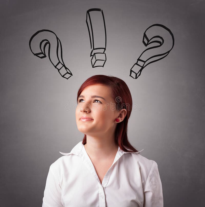 Young Lady Thinking with Question Marks Overhead Stock Image - Image of ...