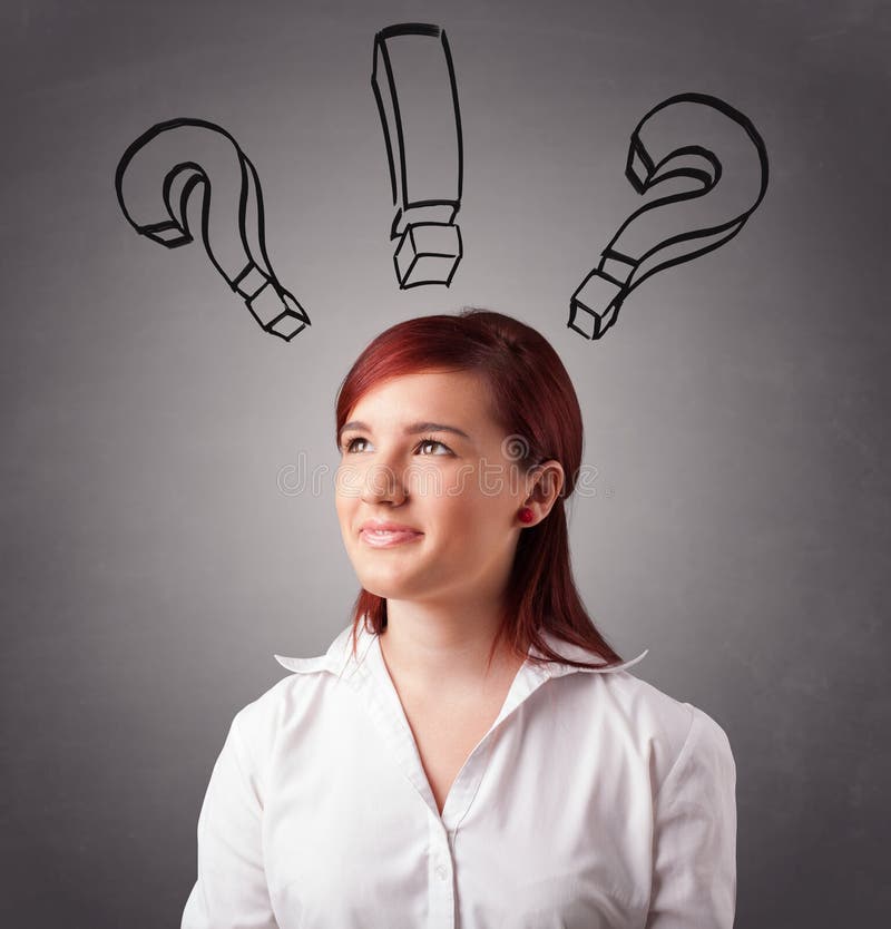Young Lady Thinking with Question Marks Overhead Stock Image - Image of ...