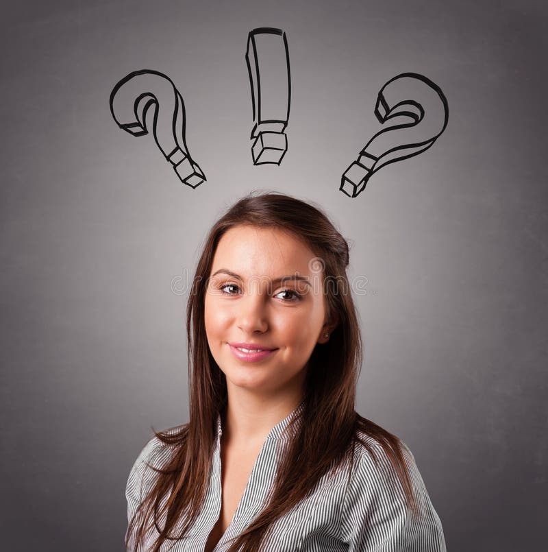 Young Lady Thinking with Question Marks Overhead Stock Image - Image of ...