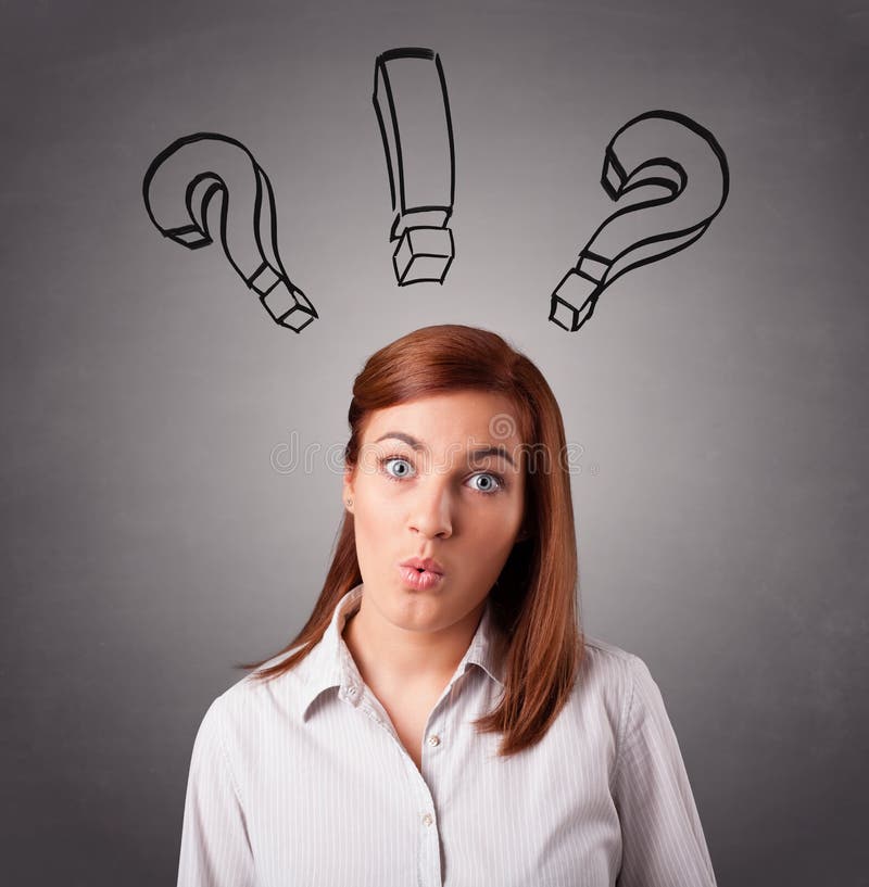 Thinking Business Woman with Many Questions Stock Photo - Image of ...