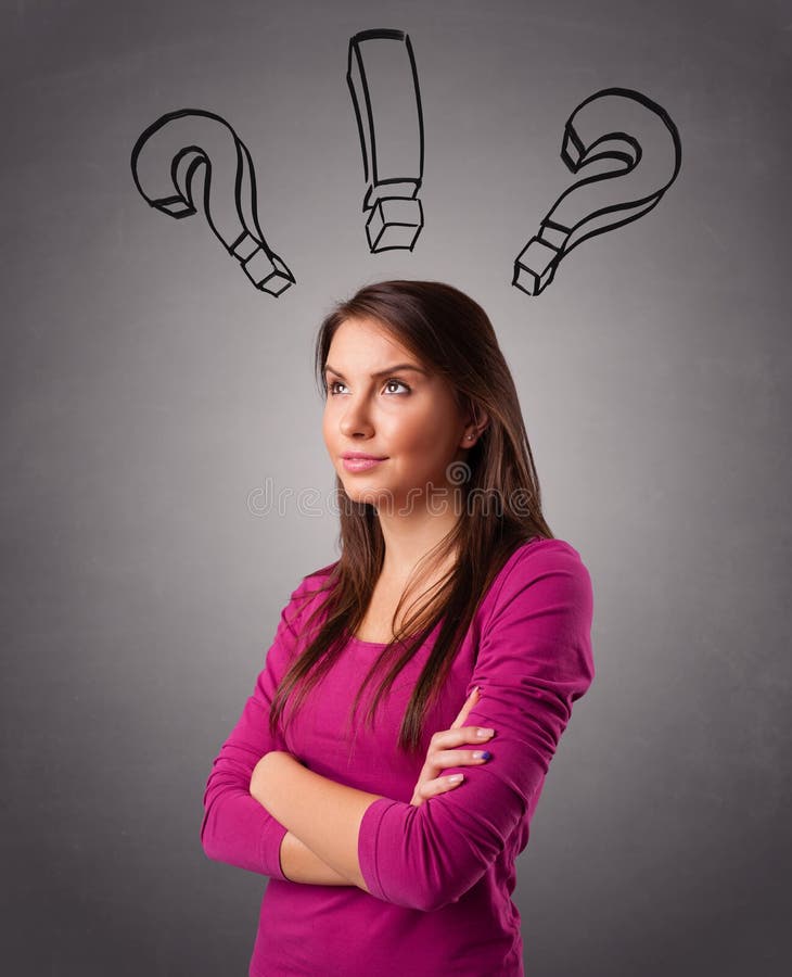 Young Lady Thinking with Question Marks Overhead Stock Photo - Image of ...