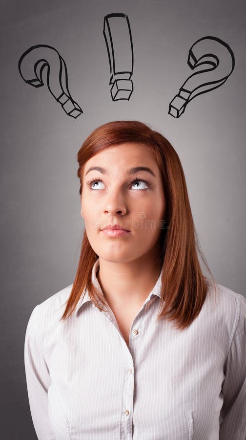 Young Lady Thinking with Question Marks Overhead Stock Image - Image of ...