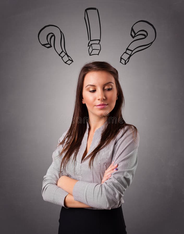 Young Lady Thinking with Question Marks Overhead Stock Image - Image of ...