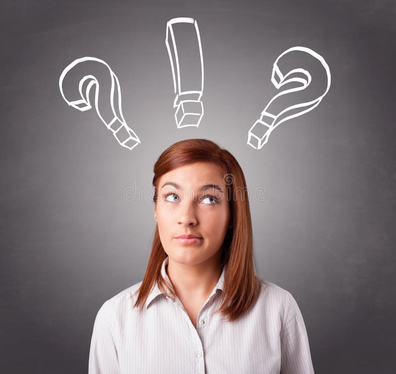 Young Lady Thinking with Question Marks Overhead Stock Image - Image of ...