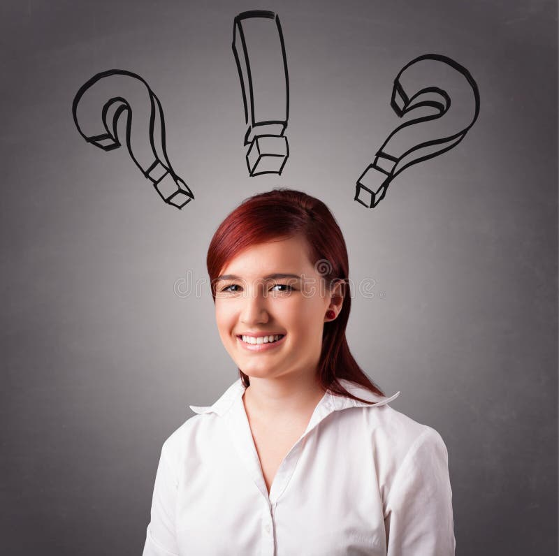 Young Lady Thinking with Question Marks Overhead Stock Image - Image of ...