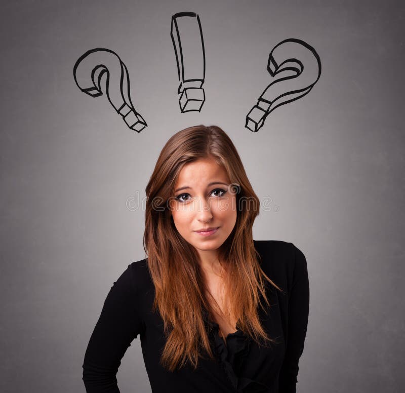 Young Lady Thinking with Question Marks Overhead Stock Image - Image of ...