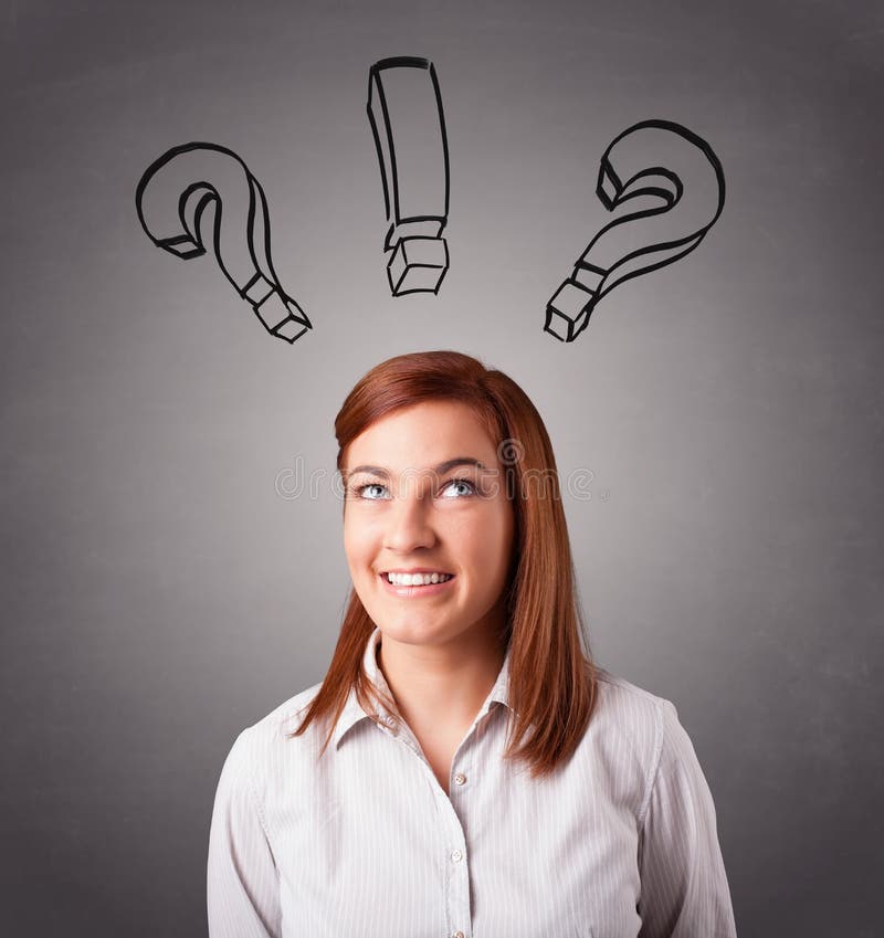 Young Lady Thinking with Question Marks Overhead Stock Image - Image of ...