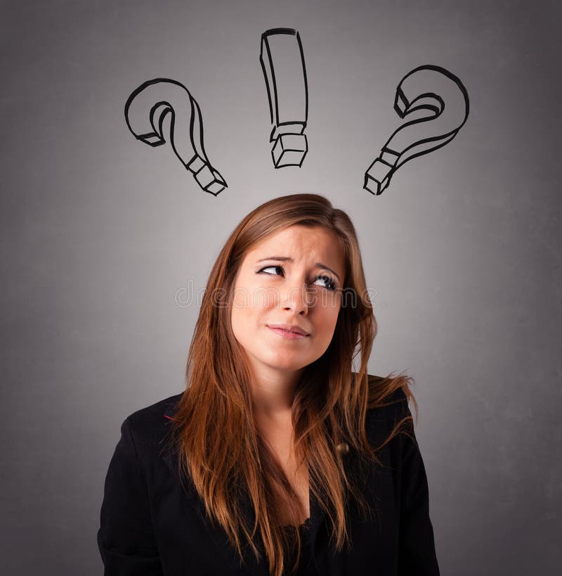 Young Lady Thinking with Question Marks Overhead Stock Photo - Image of ...