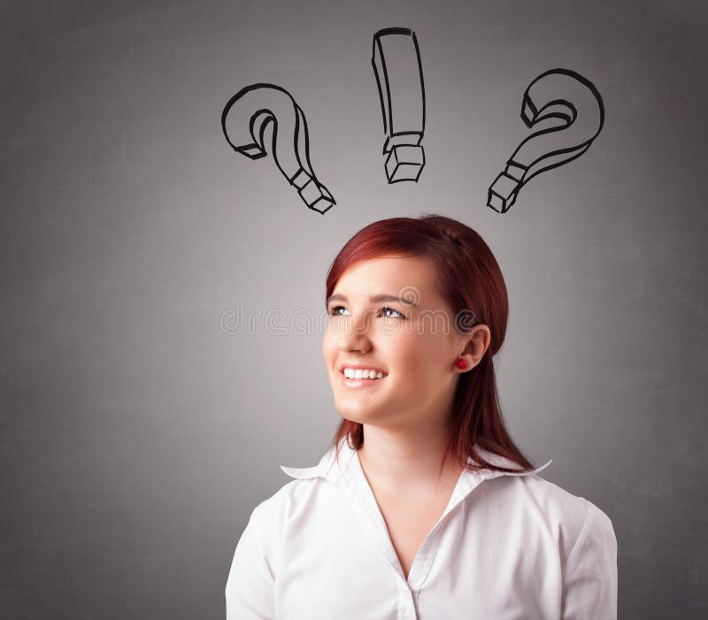 Young Lady Thinking with Question Marks Overhead Stock Photo - Image of ...