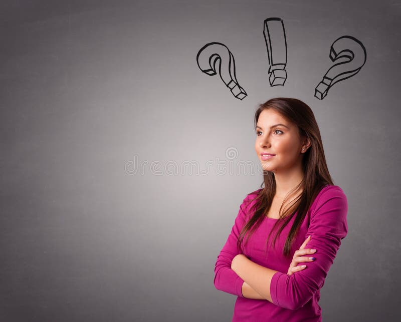 Young Lady Thinking with Question Marks Overhead Stock Photo - Image of ...