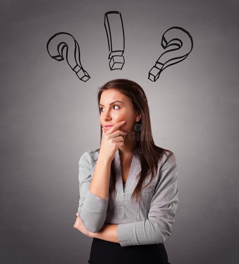 Young Lady Thinking With Question Marks Overhead Stock Photo - Image of ...