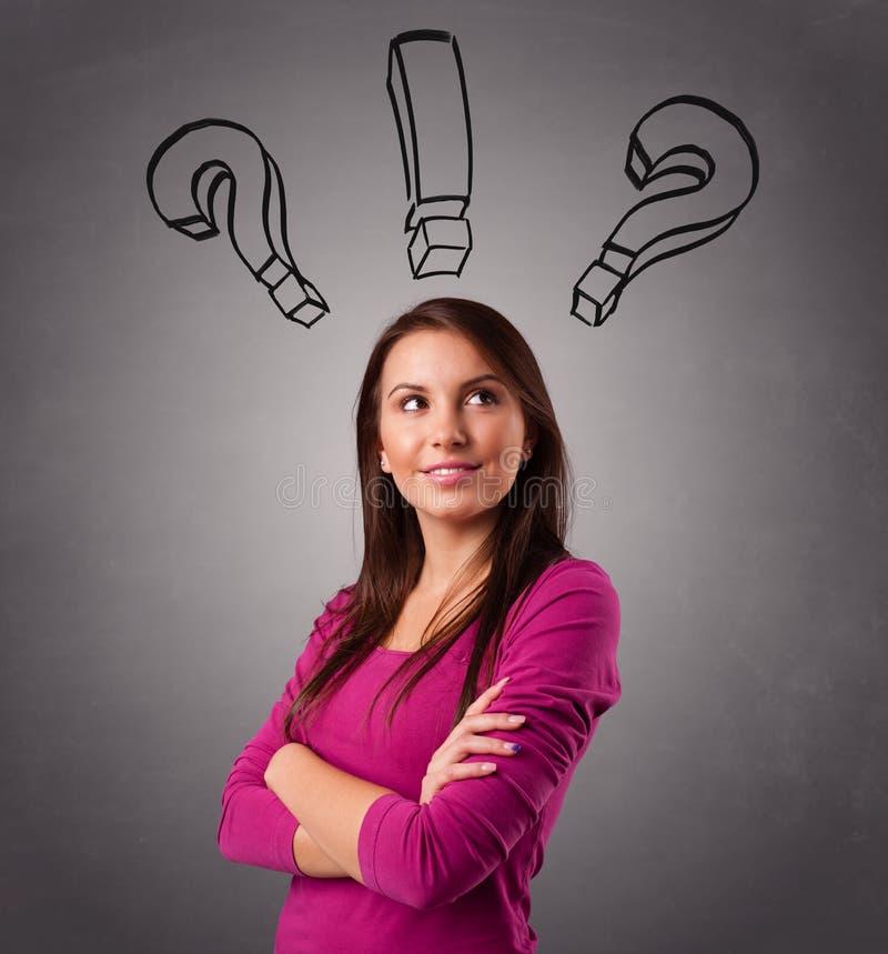 Young Lady Thinking with Question Marks Overhead Stock Image - Image of ...