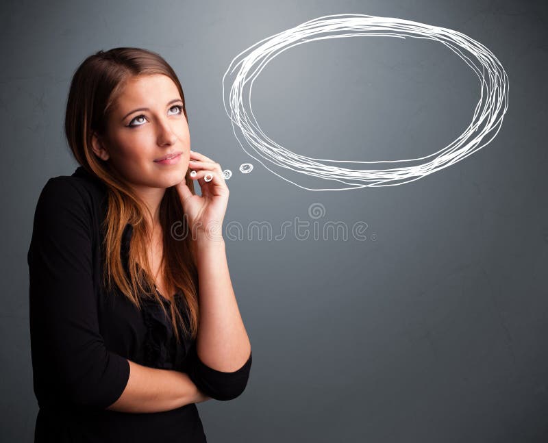 Young Lady Thinking about Speech or Thought Bubble with Copy Spa Stock ...