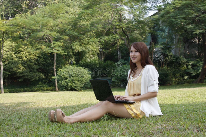 Young Lady Using Laptop on Grass Stock Photo - Image of laptop ...
