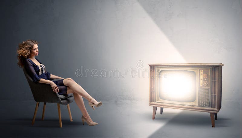 Young Lady Watching To a Vintage Television Stock Image - Image of cool ...