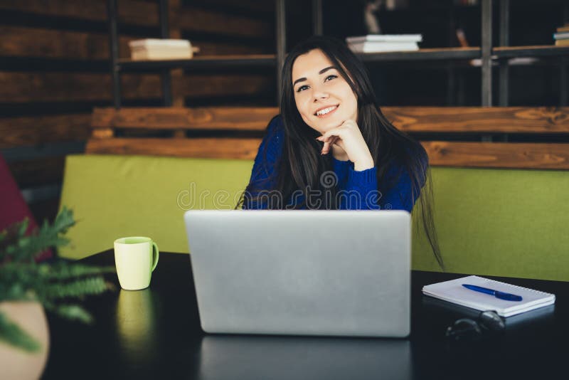 Young Lady Working at Laptop in Modern Office Hub. Stock Image - Image ...