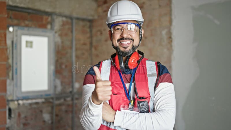 Builder Smiling Confident Standing at Construction Site Stock Image ...