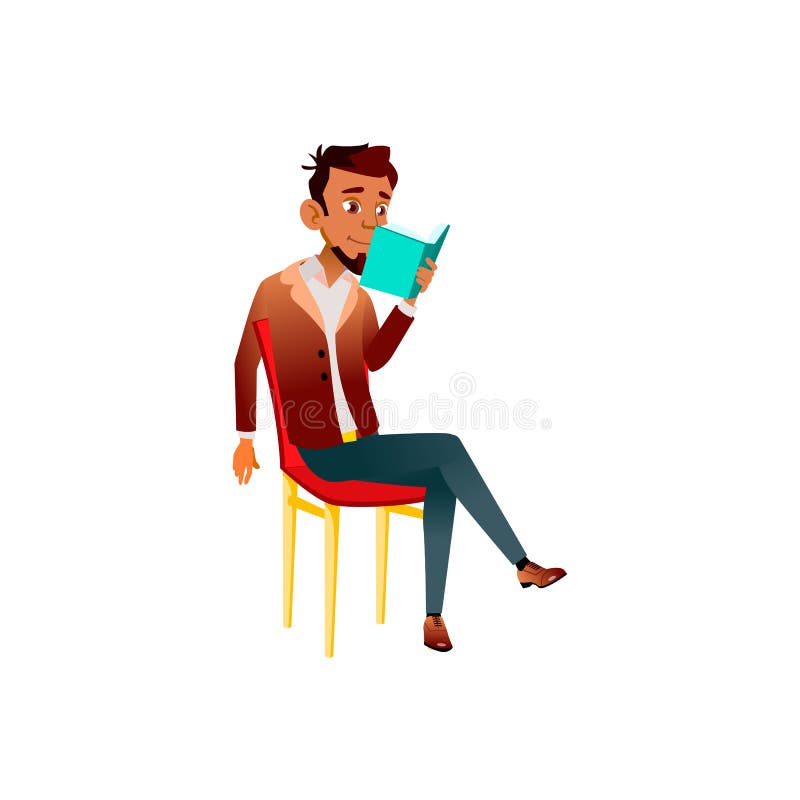 Young Latin Man Sitting On Chair And Reading Book In Waiting Room