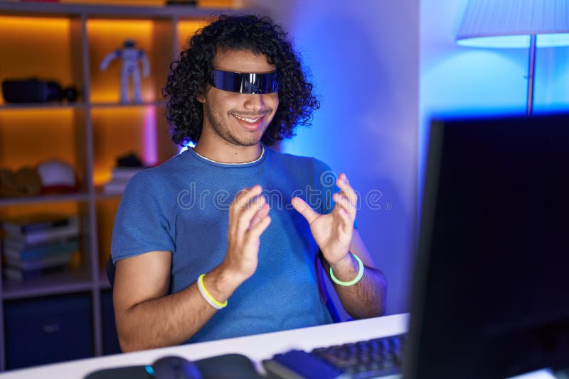 Young Latin Man Streamer Playing Video Game Using Virtual Reality ...