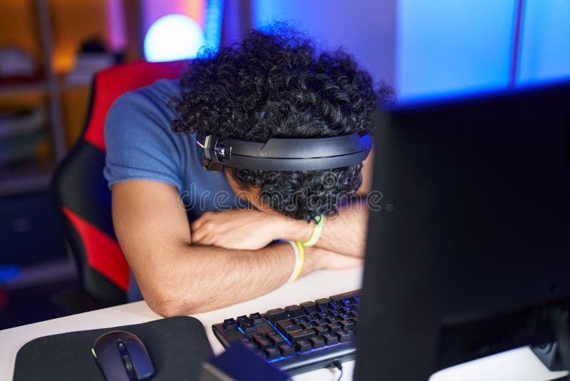 Young Latin Man Streamer Stressed Using Computer at Gaming Room Stock ...
