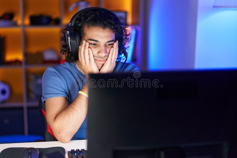 Young Latin Man Streamer Stressed Using Computer at Gaming Room Stock ...
