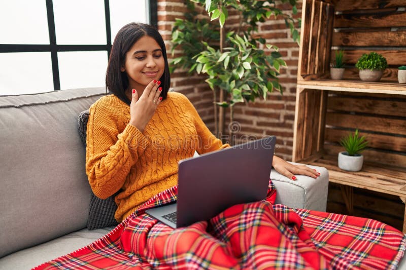 Young Latin Woman Having Video Call Using Deaf Sign Language at Home ...