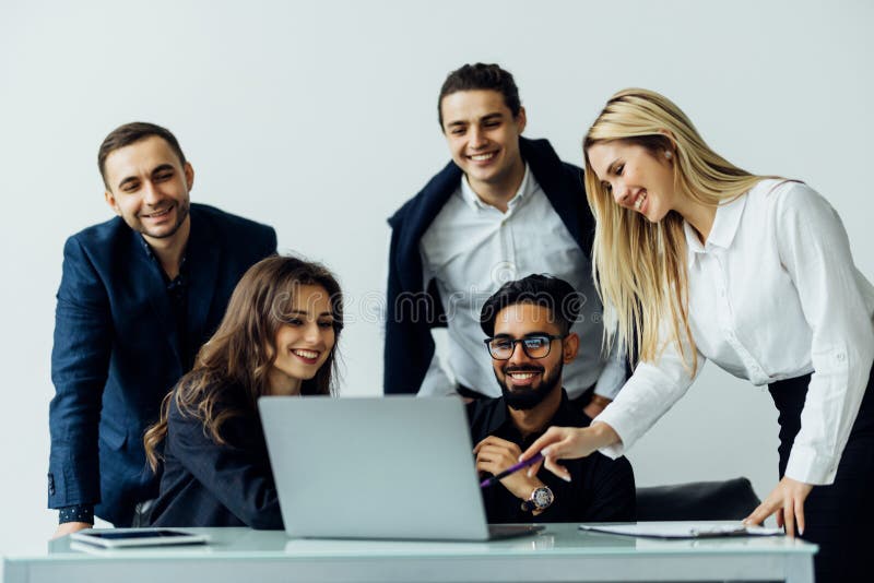 Young Leader Teaching Employees Group Analyzing Online Project ...