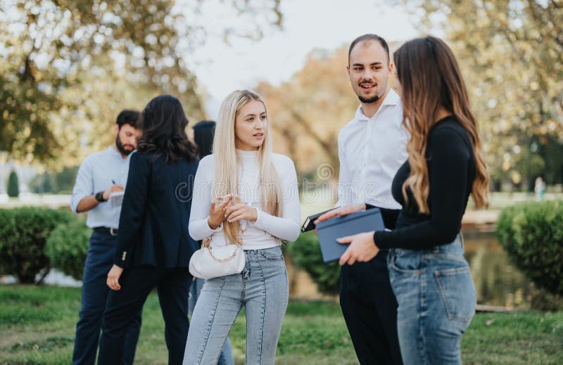 Young Learners Collaborate Outdoors Park Exchanging Information Working ...