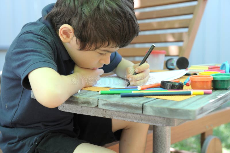 Young Left-handed Boy Have a Leisure Hand Writing Stock Photo - Image ...