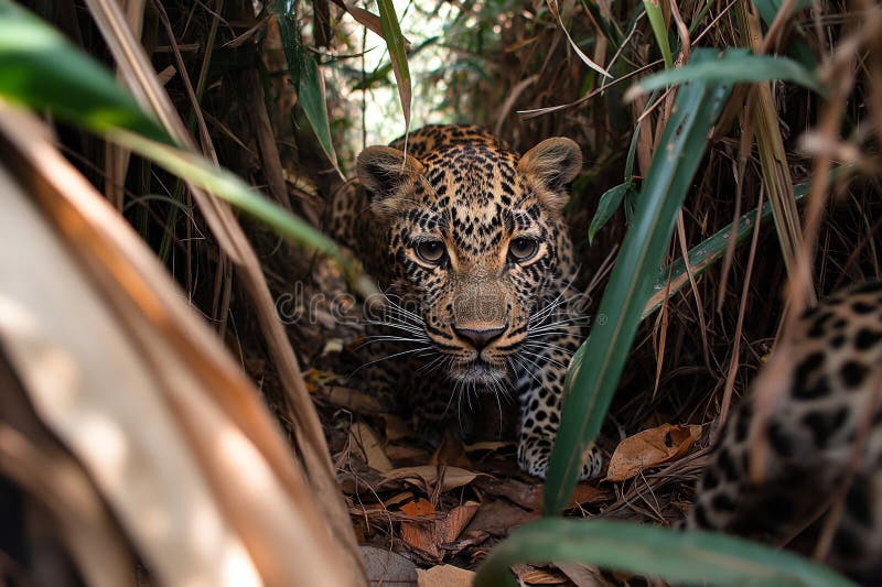 Young Leopard Crawling Stealthily through Dry Forest Floor Stock Image ...