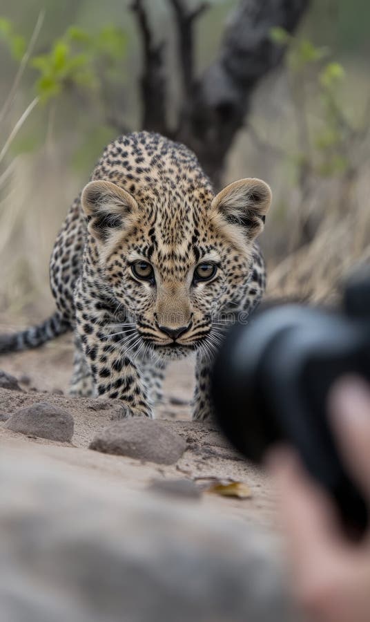 A Young Leopard Cub is Cautiously Approaching a Camera, Displaying Its ...