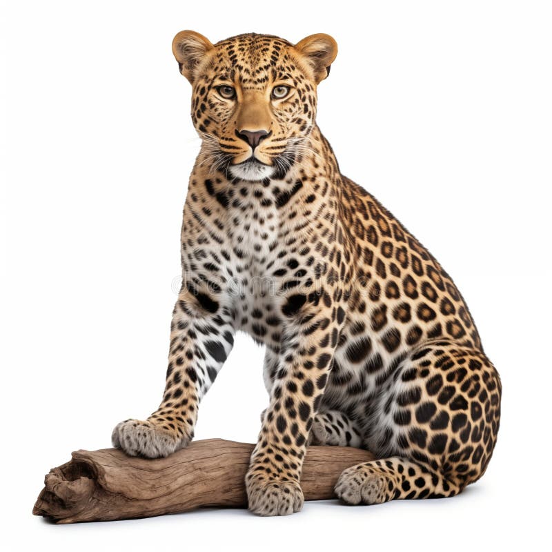 Young Leopard Sitting on a Wooden Log in Studio on White Background ...