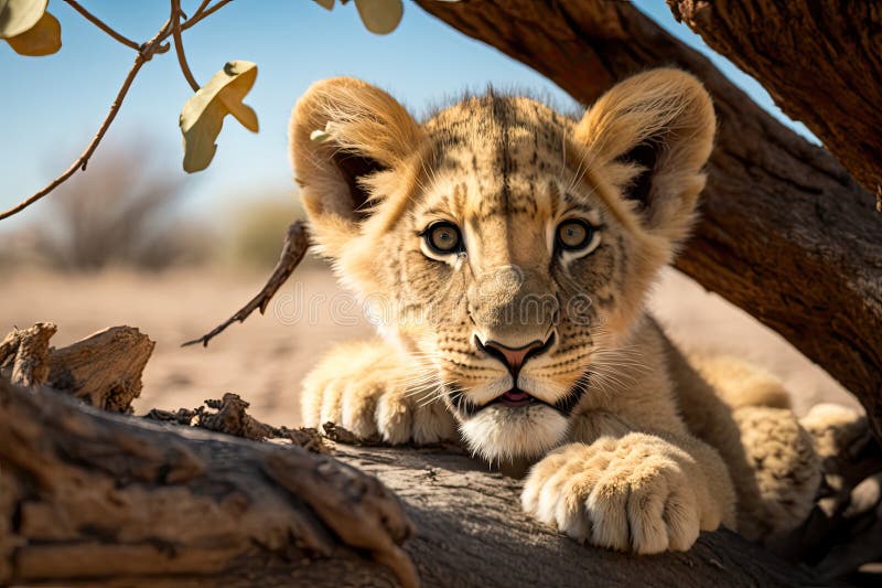 Young Lion Cub with Reddish-Brown Mane Relaxing Under Tree in Serene ...