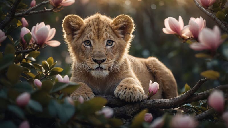 Adorable Lion Cub Amongst Blooming Magnolia Blossoms Stock Illustration ...
