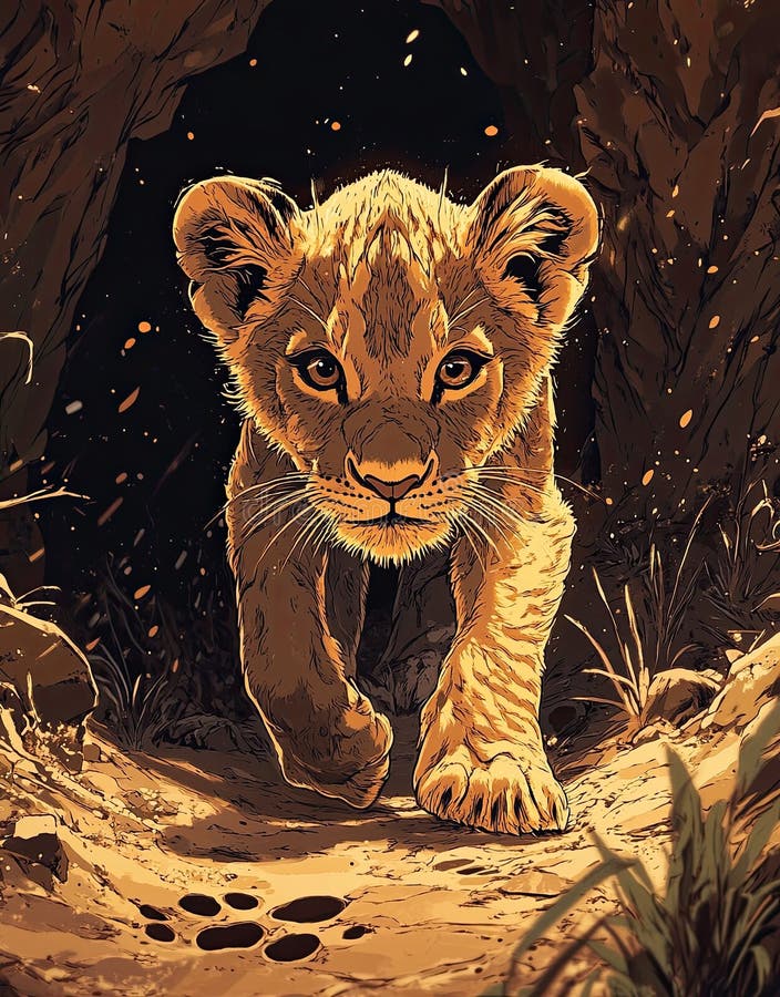 A Young Lion Cub Stands in the Cave, Its Paw Prints Visible on the ...