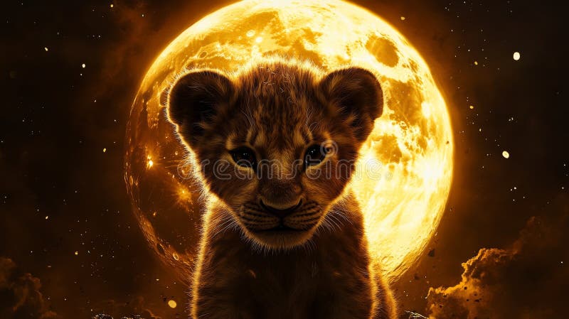Young Lion Cub Under a Glowing Full Moon in a Dramatic Night Sky Stock ...