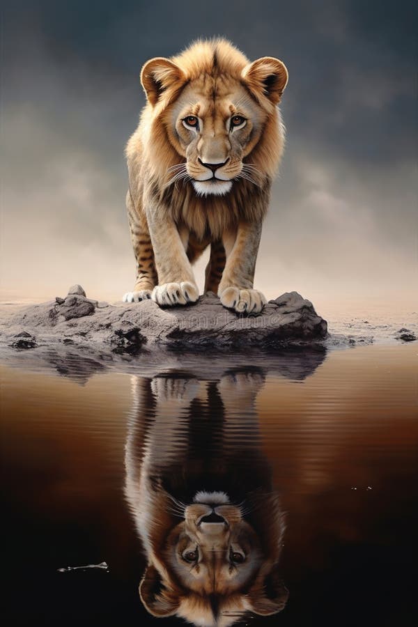 Young Lion Looking into a Puddle of Water Stock Illustration ...