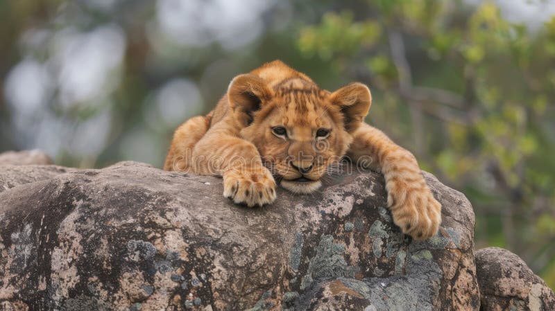 Young Lion Lying on a Rock in the Wild Stock Photo - Image of habitat ...