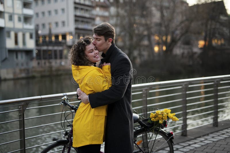 Couple on the Bridge with a Bicycle Stock Image - Image of boyfriend ...