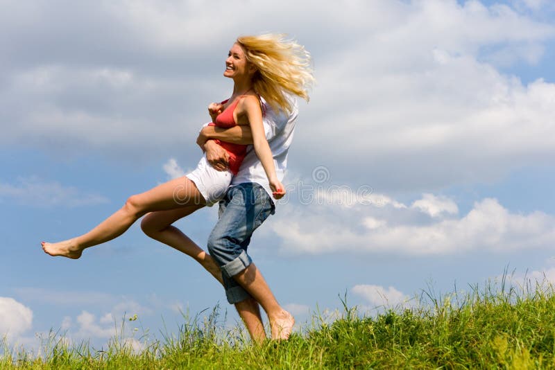 Young Love Couple Having Fun on Spring Meadow Stock Image - Image of ...