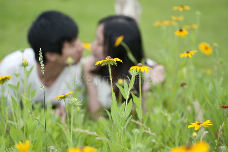 The Young Lovers Frolic in the Flowers Stock Image - Image of beauty ...