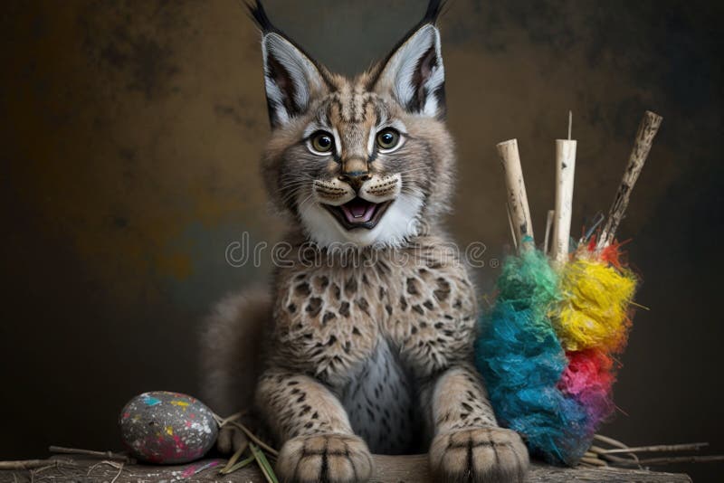 Joyful Young Lynx Cub Celebrating Easter with Painted Stick and Eggs ...