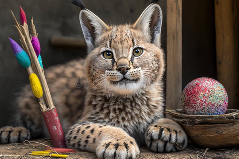 Joyful Young Lynx Cub Celebrating Easter with Painted Stick and Eggs ...